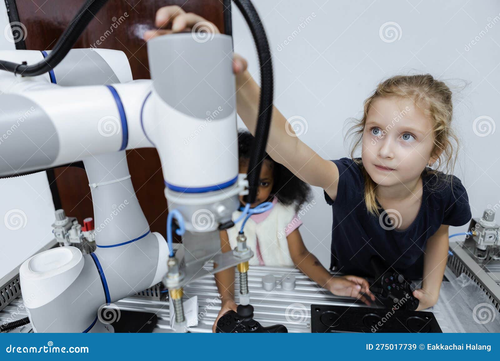 Girl Caucasoid Education Electronic Robotic Arm on Table at Class Room ...