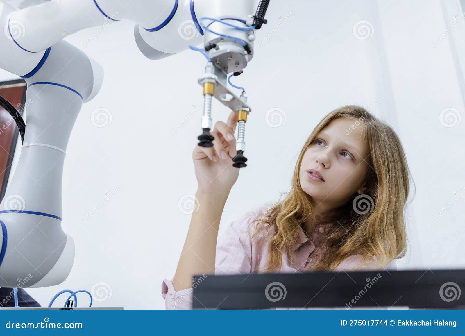 Girl Caucasoid Education Electronic Robotic Arm on Table at Class Room ...