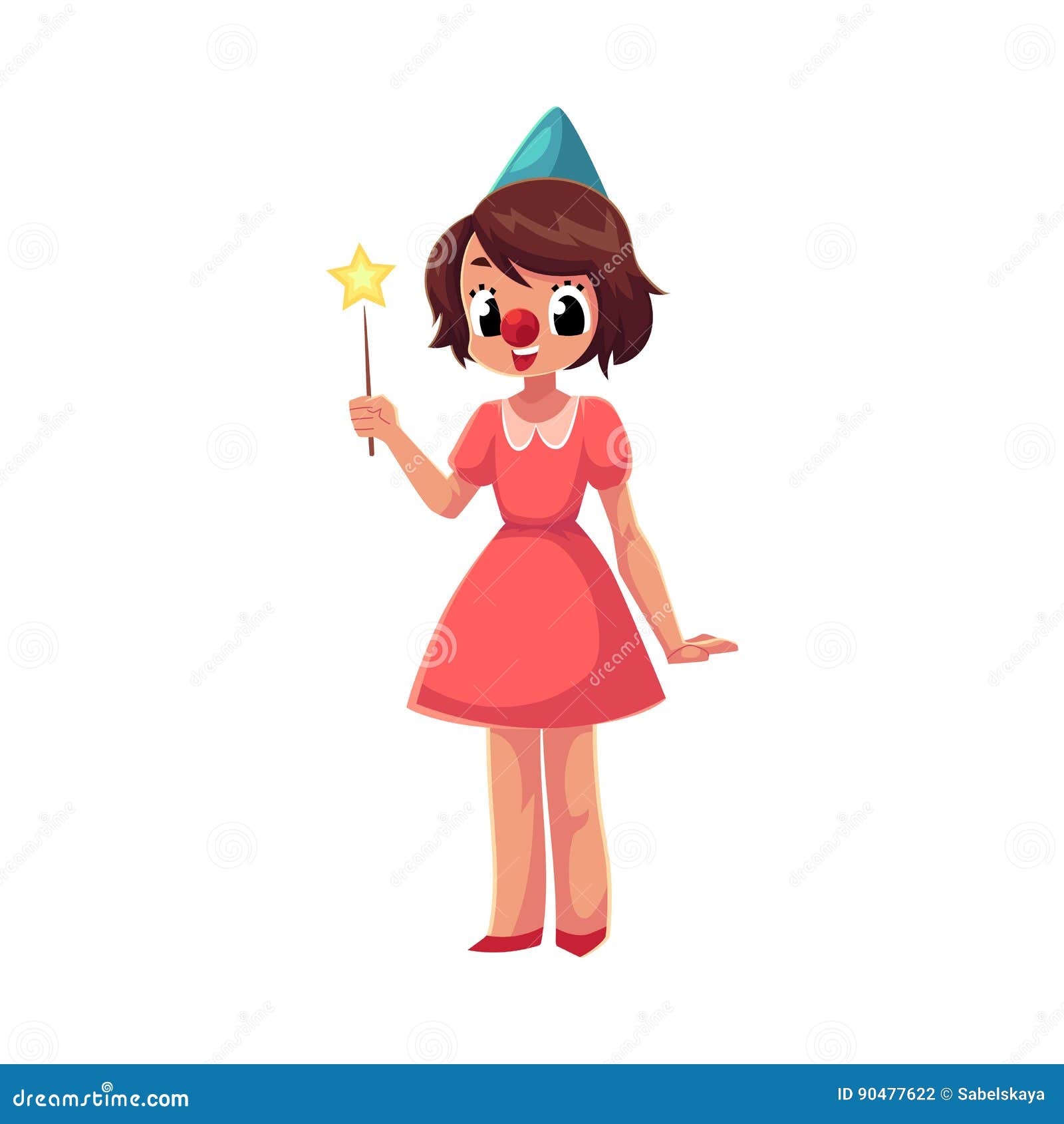 Girl Celebrating Birthday Holding Star Stick Wearing Clown Red Nose Stock Vector