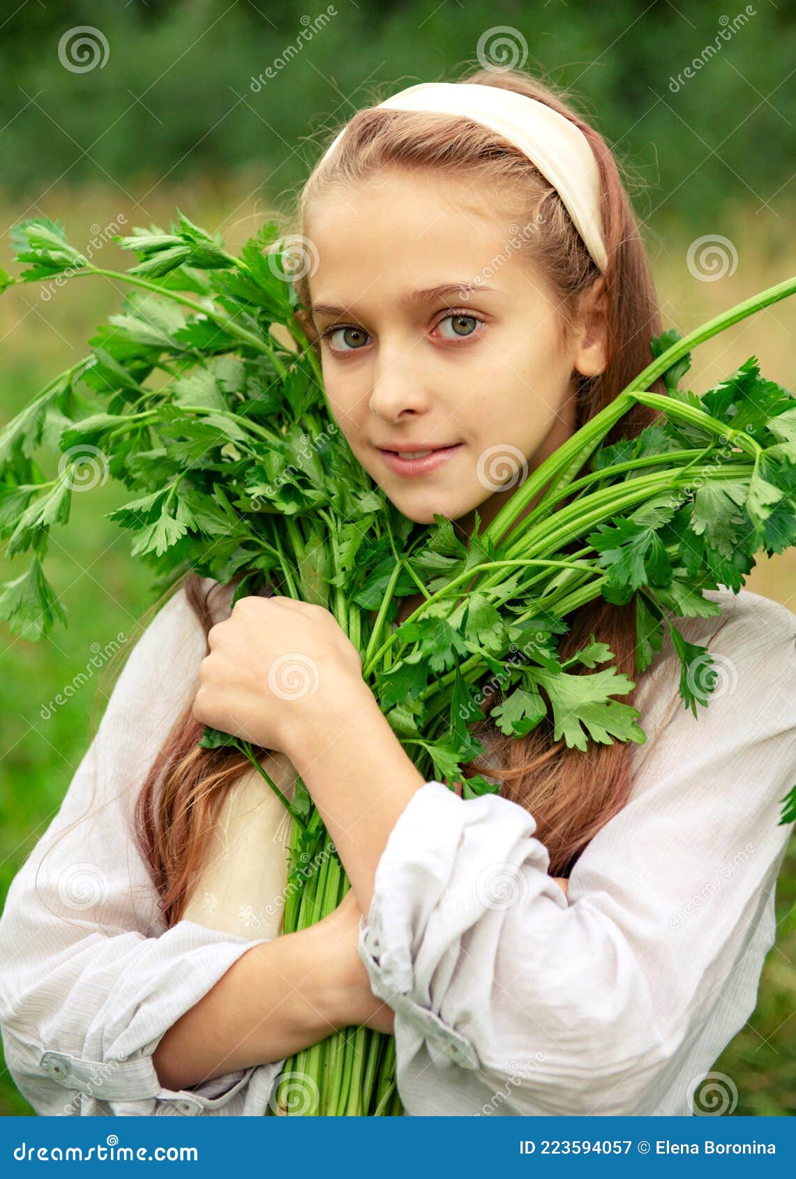 Girl with Celery on a Green, Summer Stock Image - Image of energy ...
