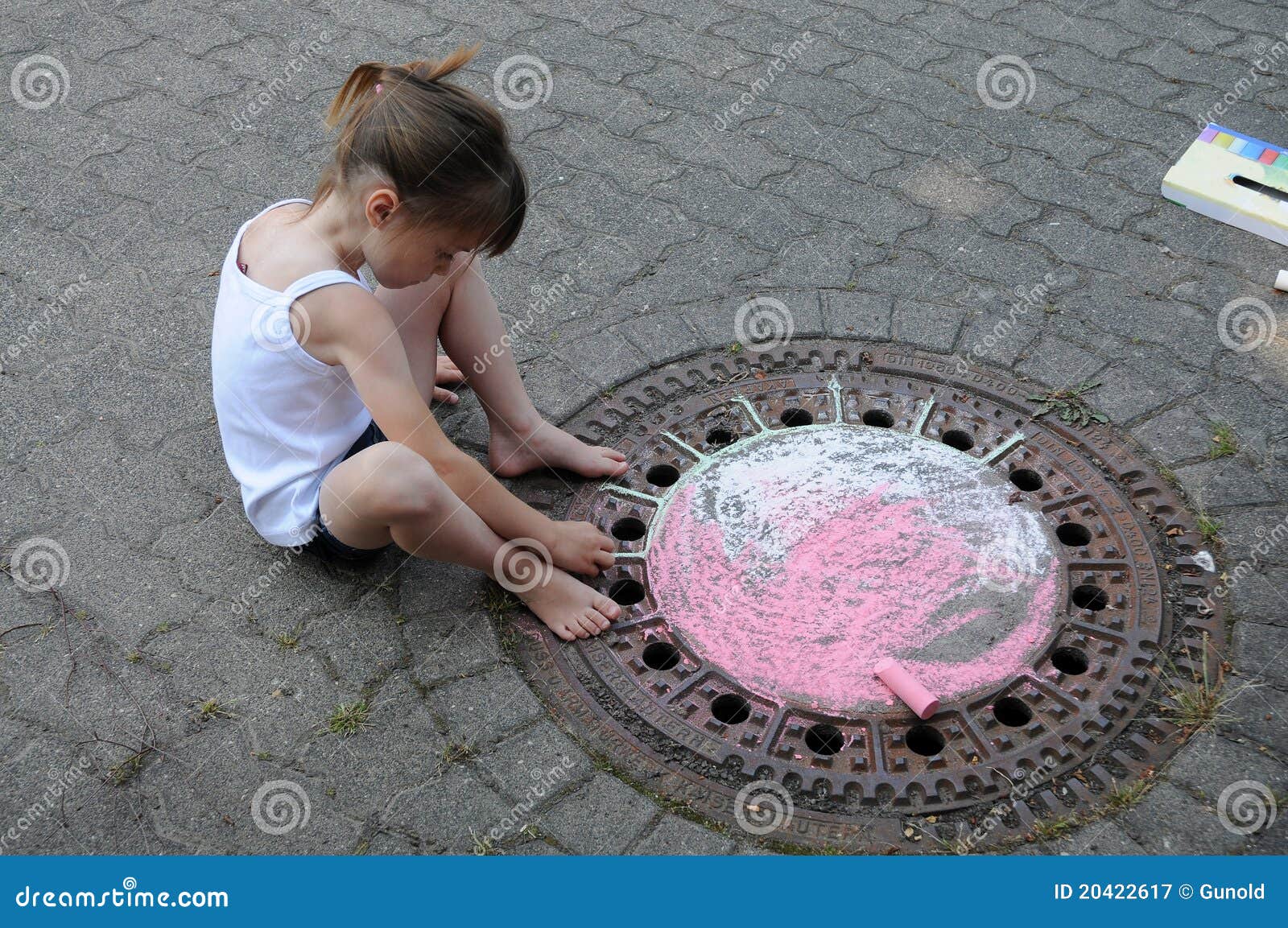 Girl chalking the street stock image. Image of kids, cobbles - 20422617