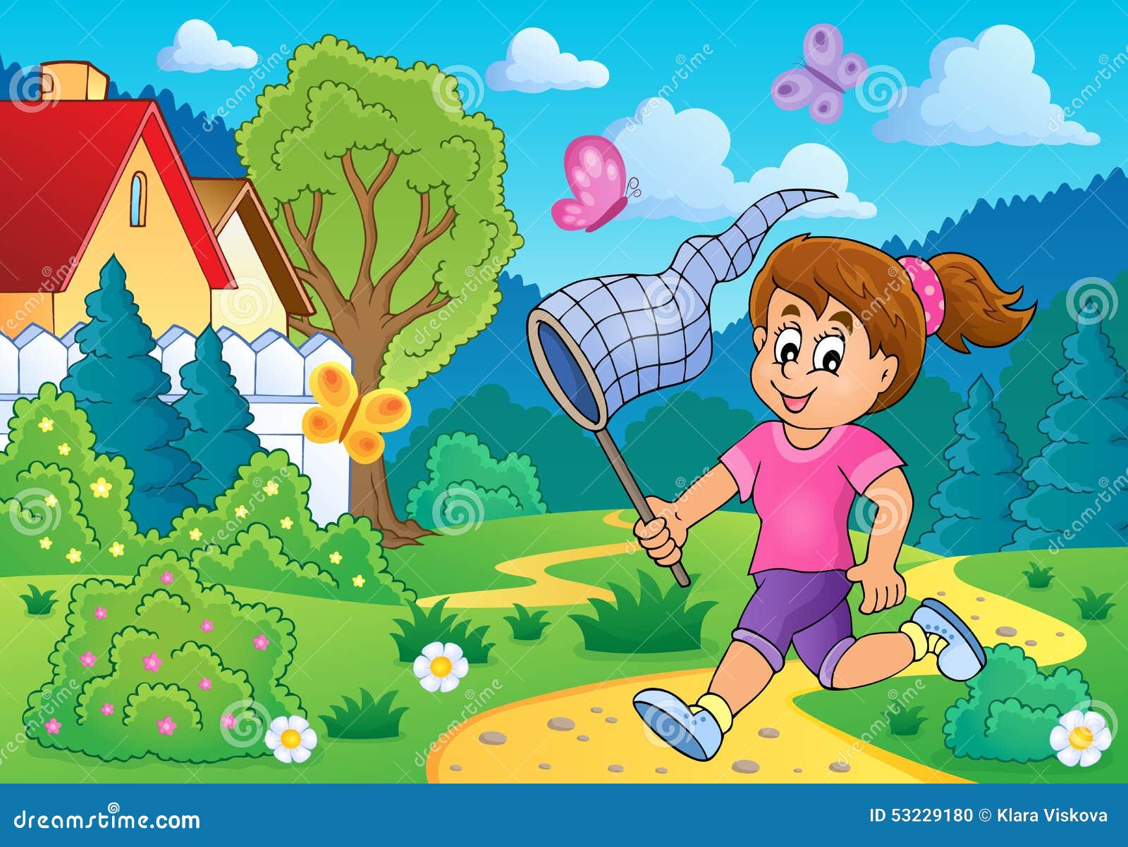 Girl Chasing Butterflies Theme Image 2 Cartoon Vector | CartoonDealer ...