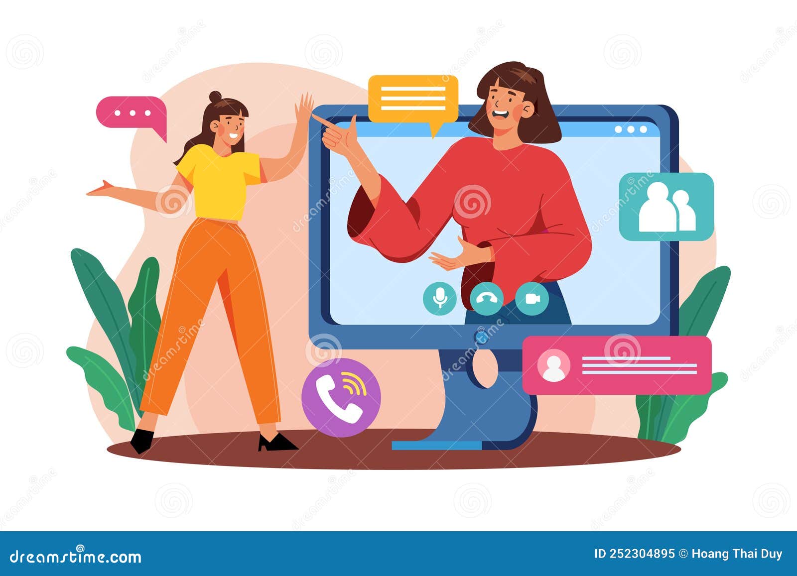 Girl Chatting on a Video Call with Friends Stock Vector - Illustration ...
