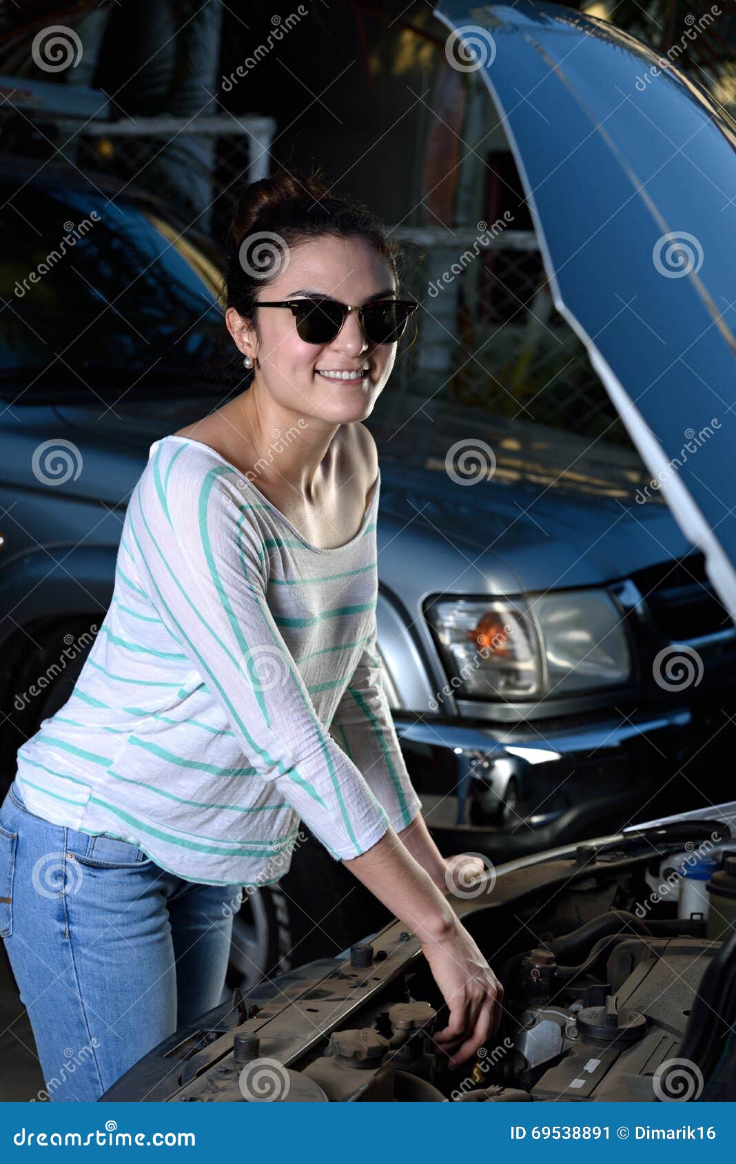 Girl check car stock image. Image of engine, broken, girl - 69538891