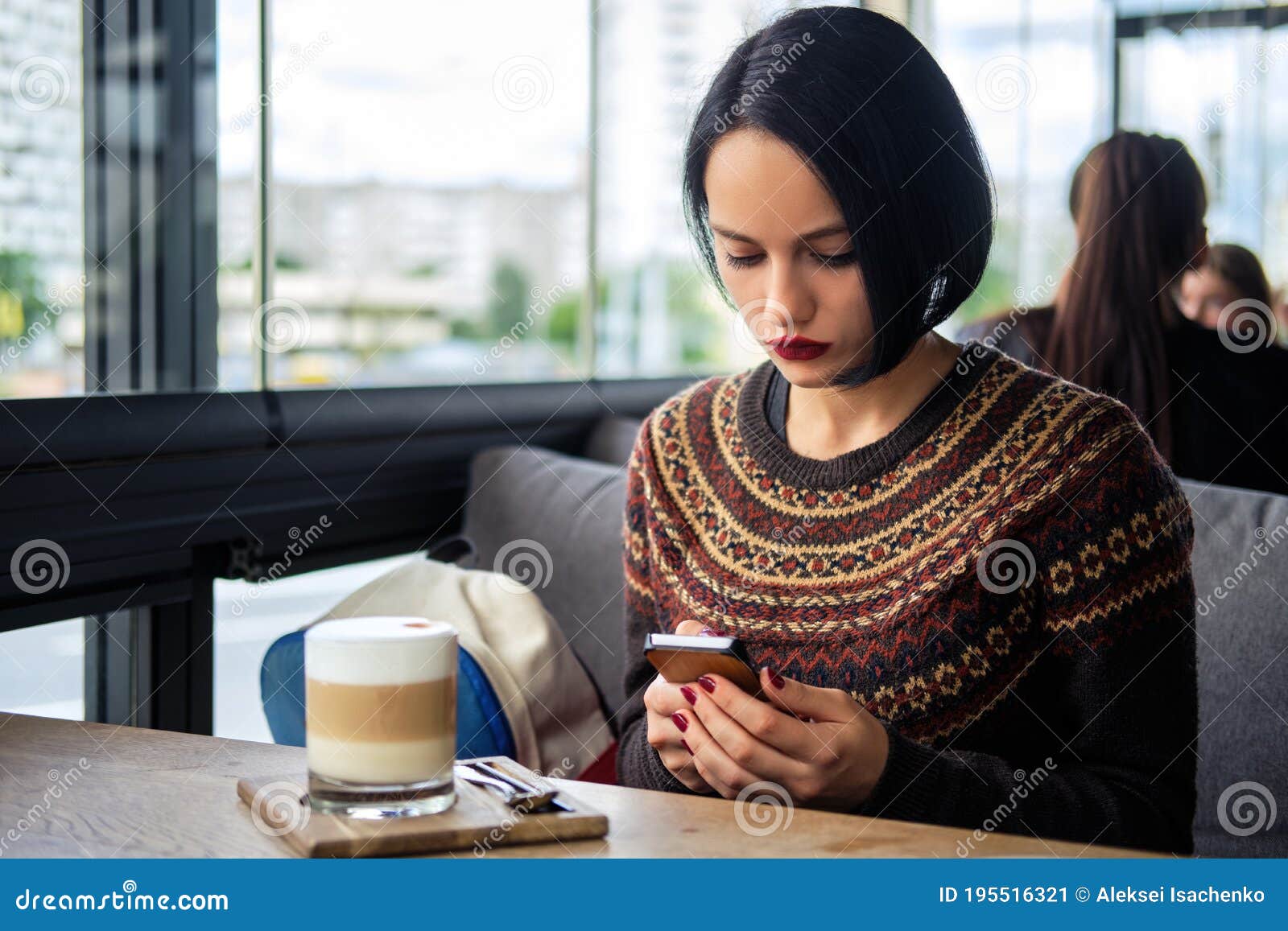 Girl Checking Mail while Sitting in Cafe Stock Image - Image of girl ...