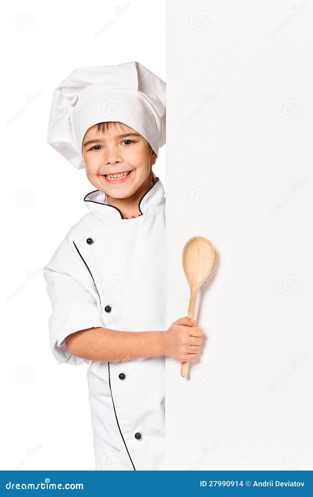 Girl Chef with Large Spoon Peeking from Board Stock Photo - Image of ...