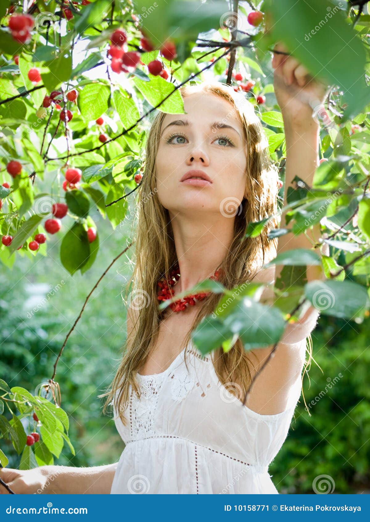Girl with cherry stock image. Image of leaves, fruit - 10158771