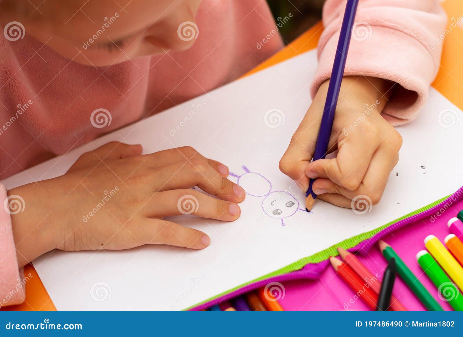 Girl Child Draws with Pencils Stock Photo - Image of paint, sketch ...