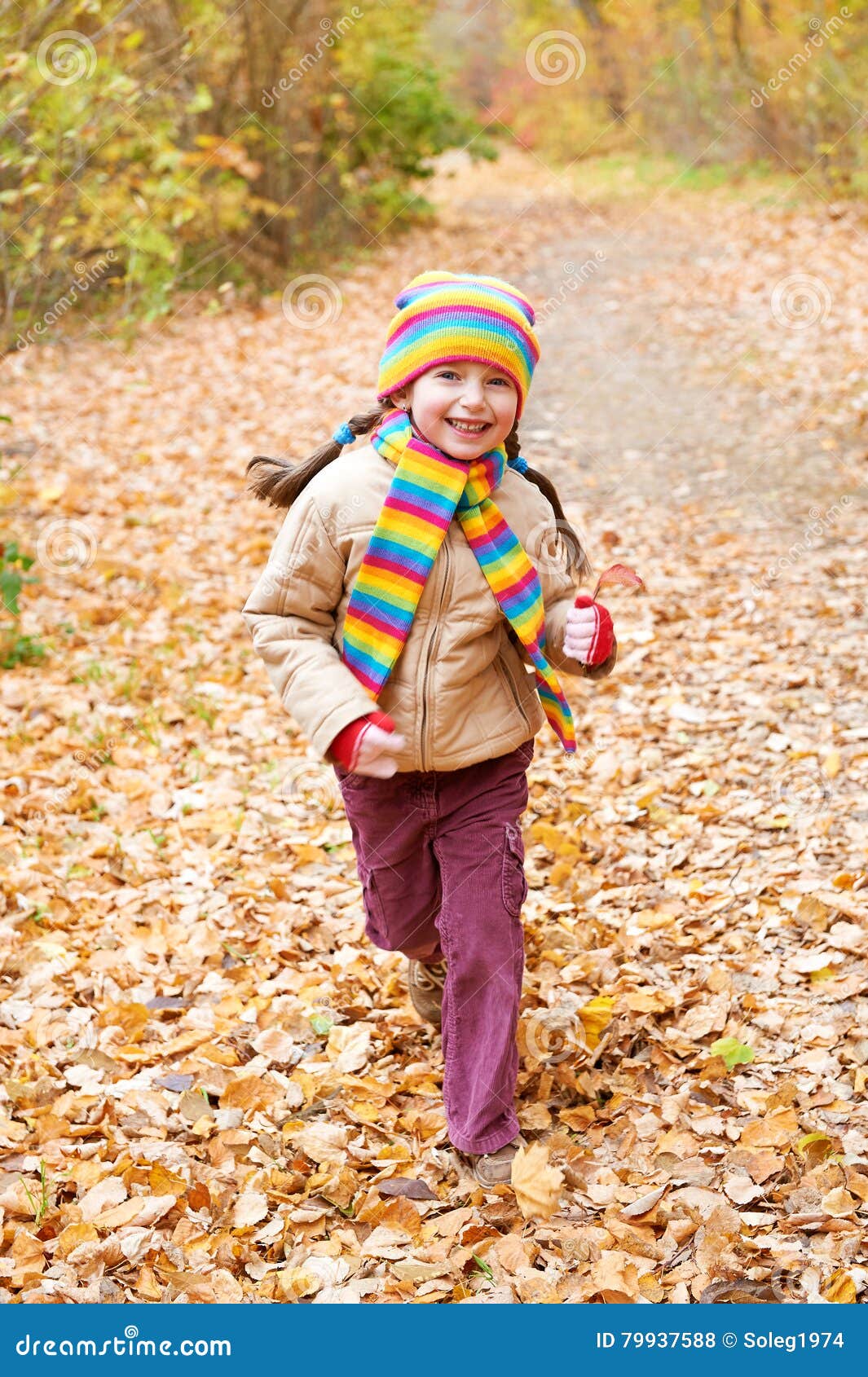 Girl Child Run in Autumn Forest Stock Photo - Image of child, happy ...