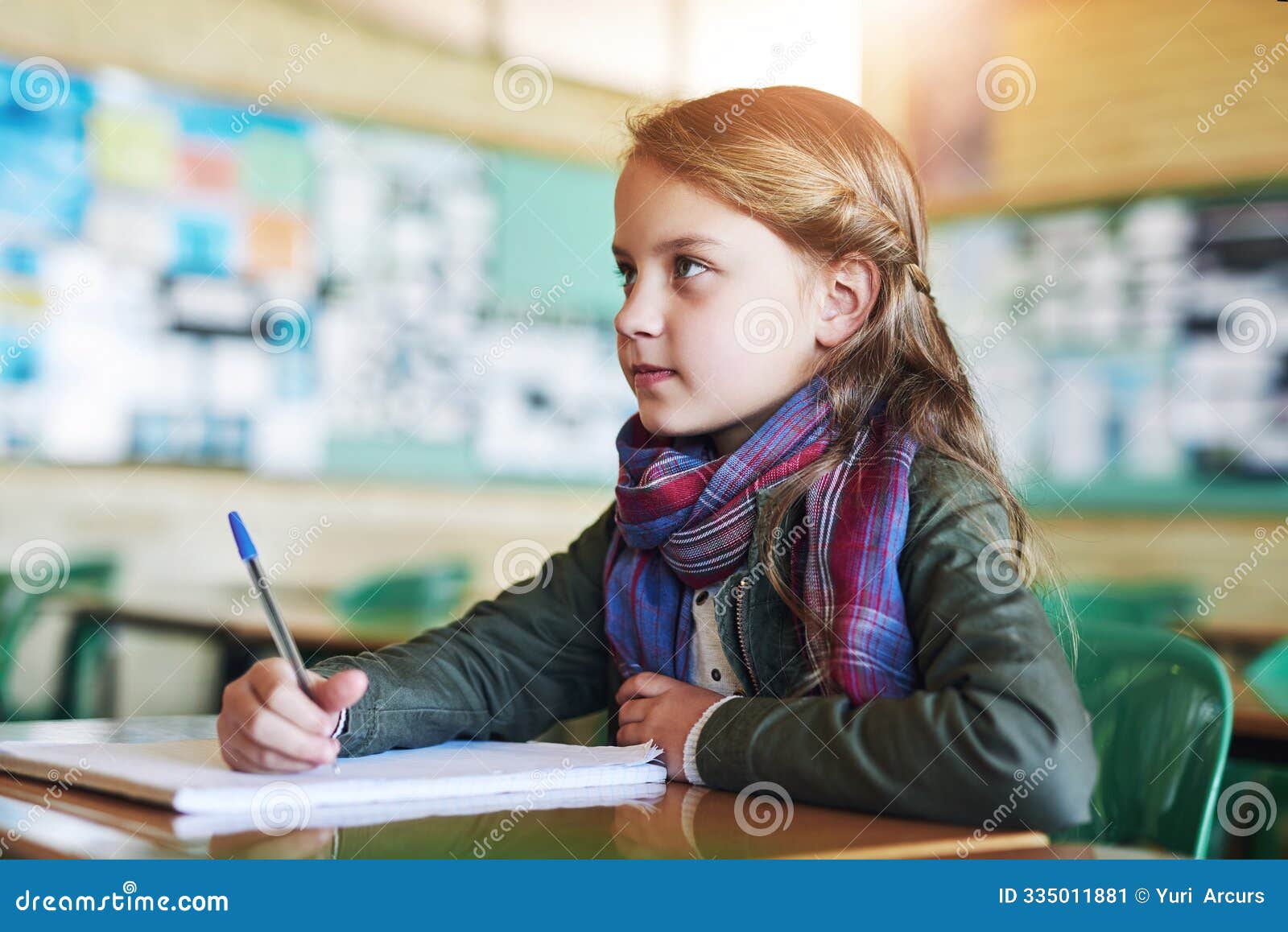 Girl, Child and Writing with Book in Classroom for Learning, Listen and ...