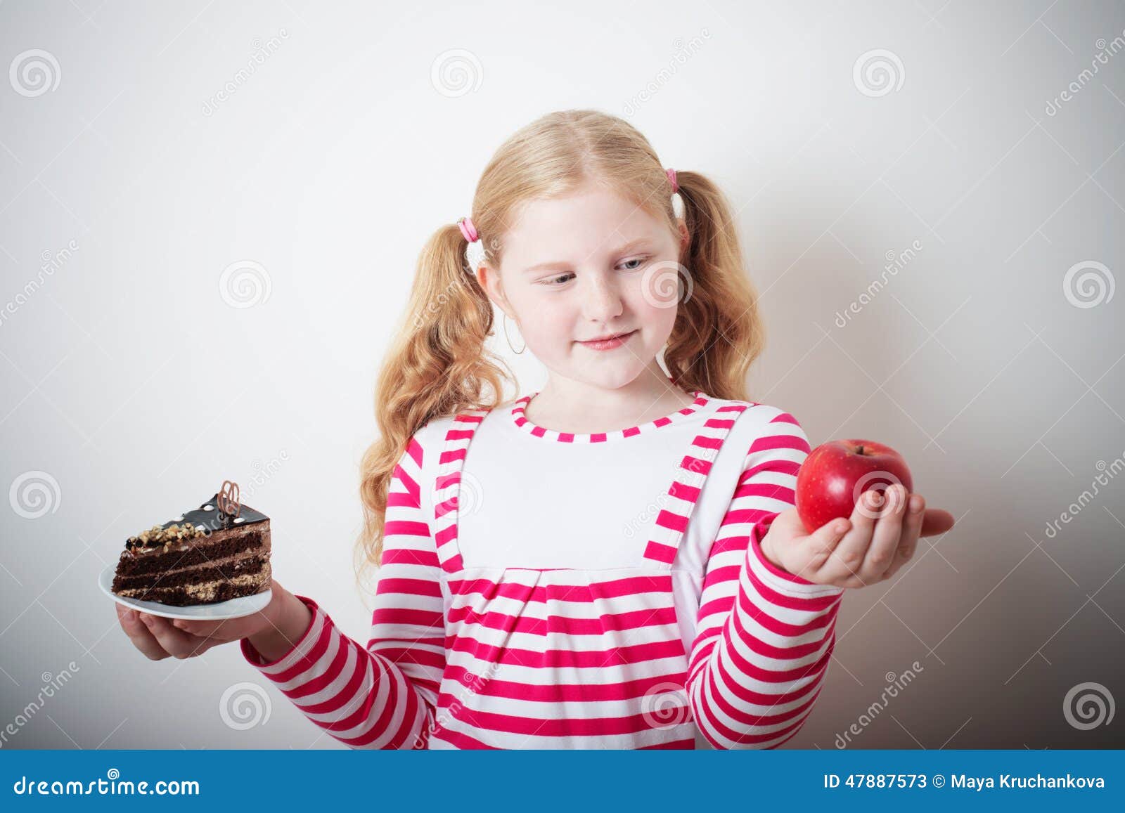 Girl Choose from Cake and Red Apple Stock Image - Image of nutrition ...