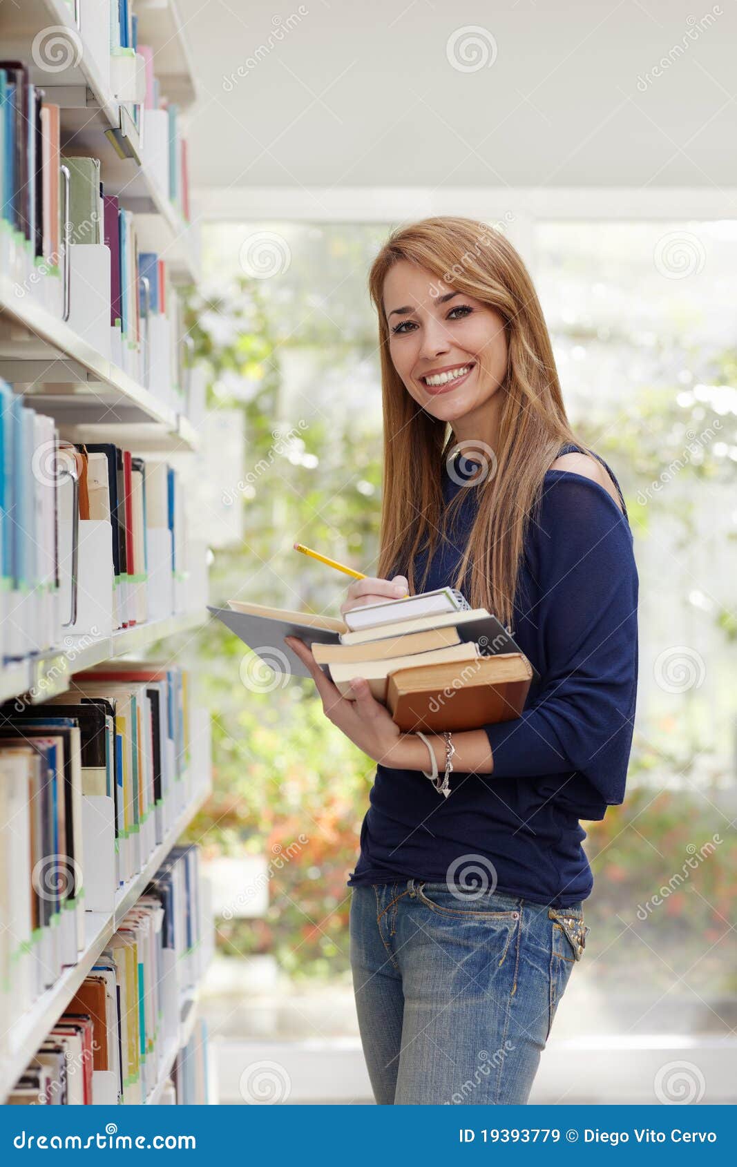 Girl Choosing Book in Library and Smiling Stock Image - Image of casual ...
