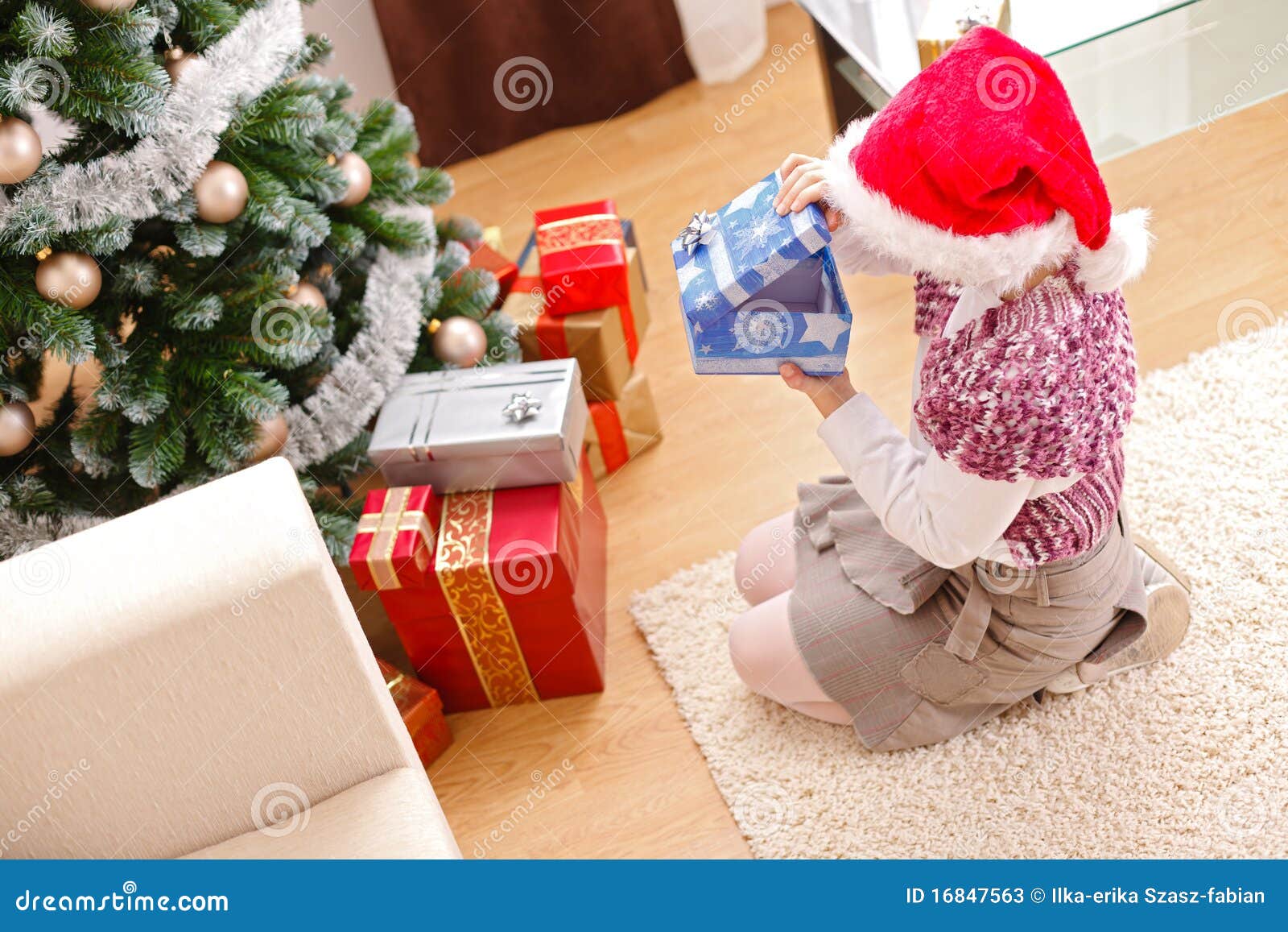 Girl in Christmas, Looking Inside Gift Box Stock Image - Image of ...