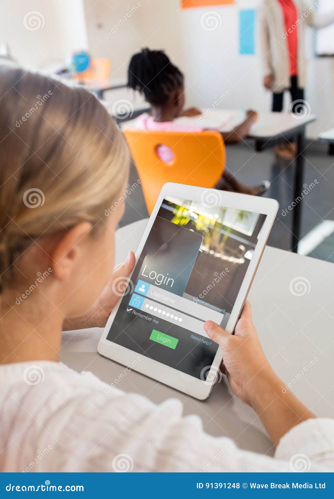 Girl in Class with Tablet, Login Screen Stock Illustration ...