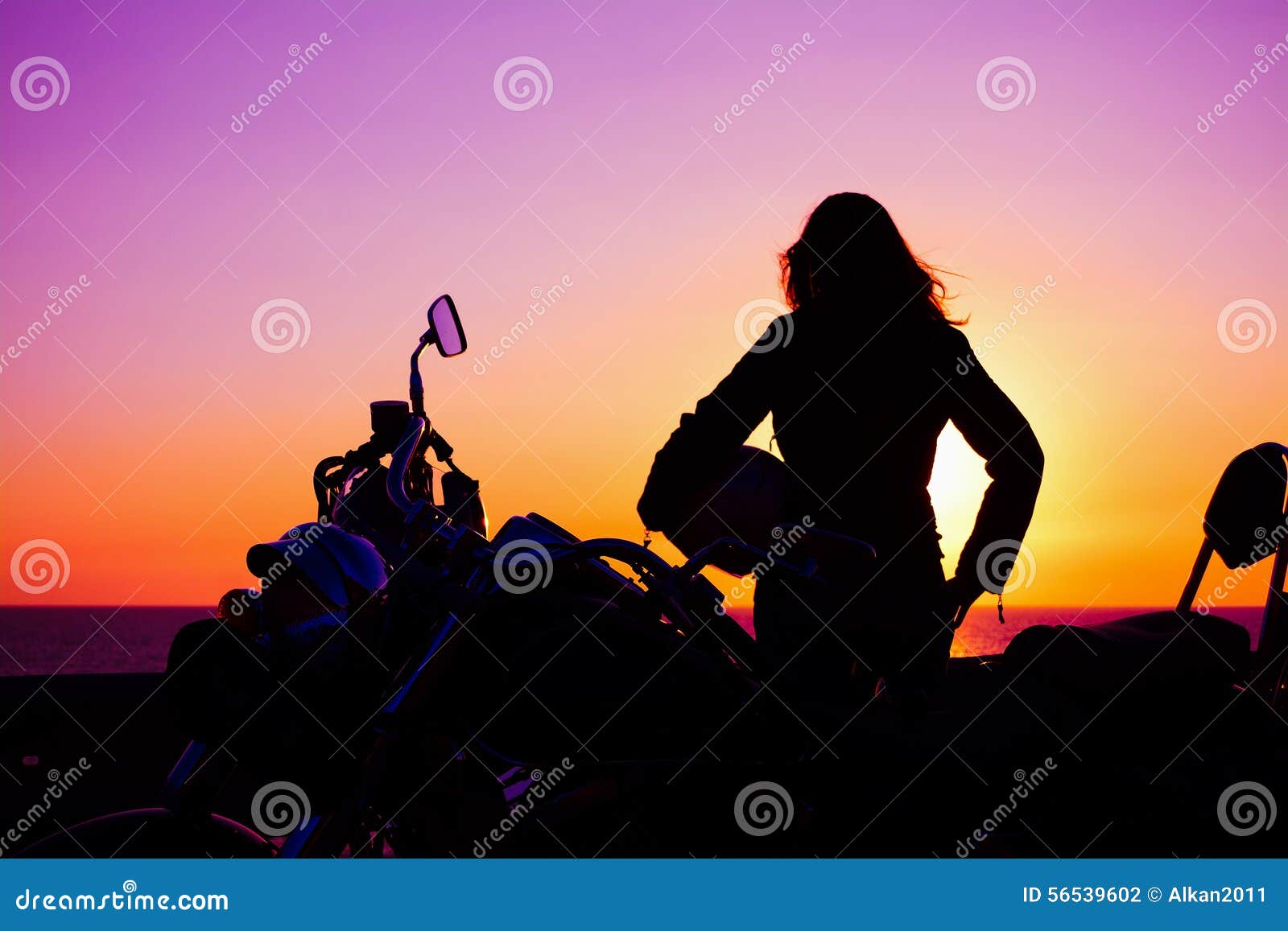 Girl and Classic Motorcycle at Sunset Stock Photo - Image of bike ...