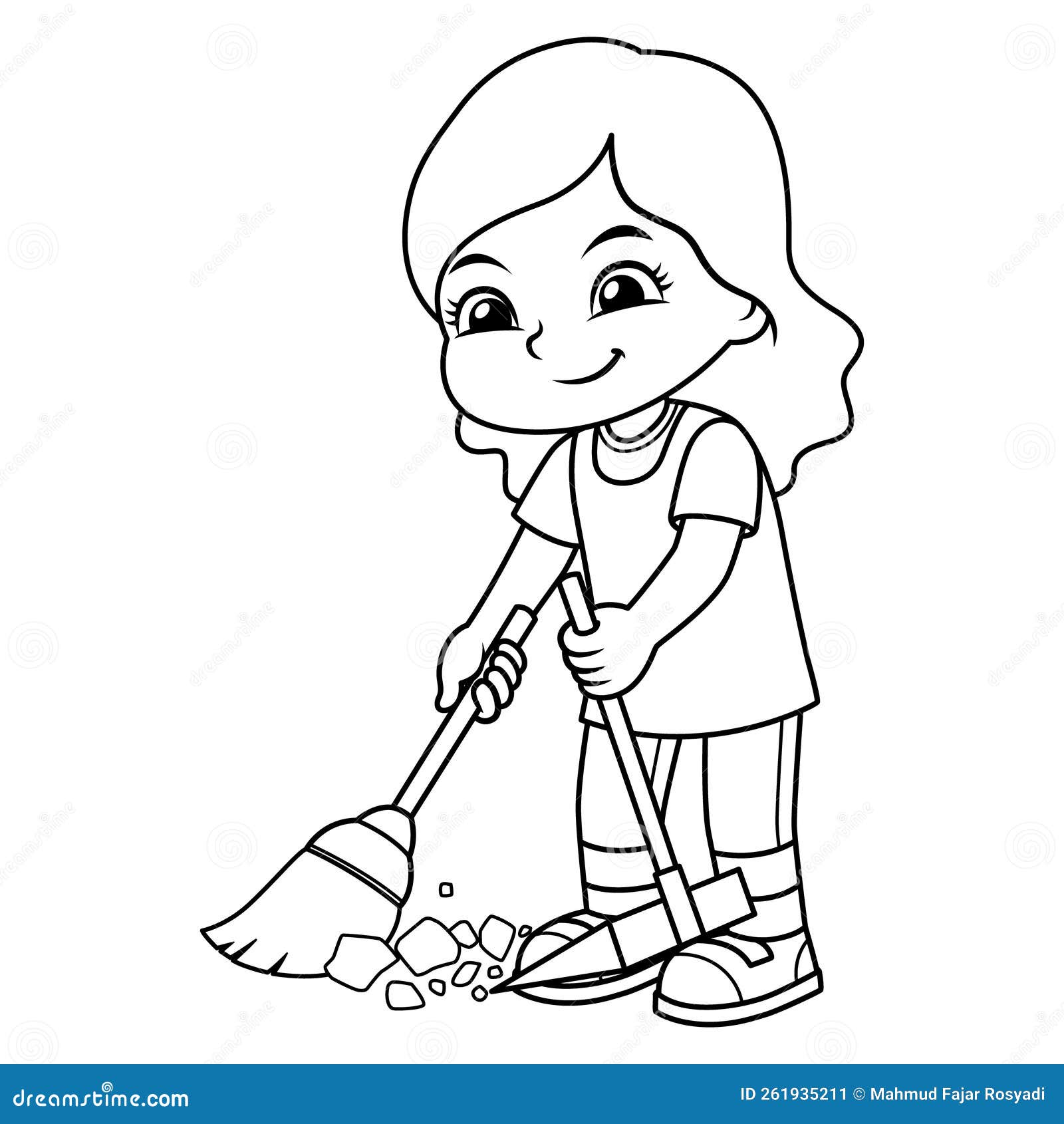 Girl Clean Up Garbage with Broom and Dust Pan BW Stock Illustration ...