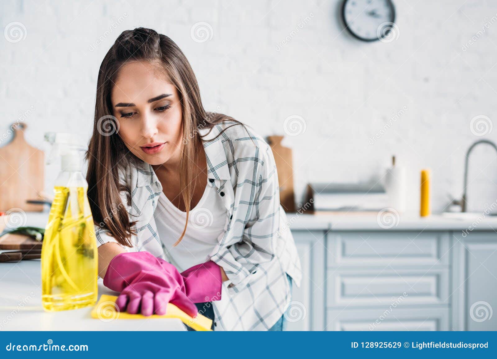 Girl Cleaning Kitchen Counter with Rag Stock Image - Image of ...