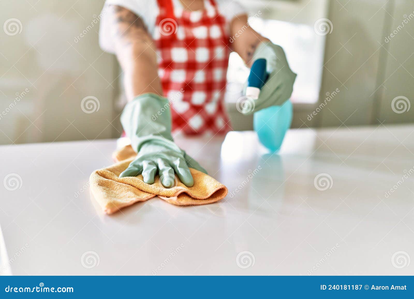 Girl Cleaning Table at the Kitchen Stock Image - Image of arms, gloves ...