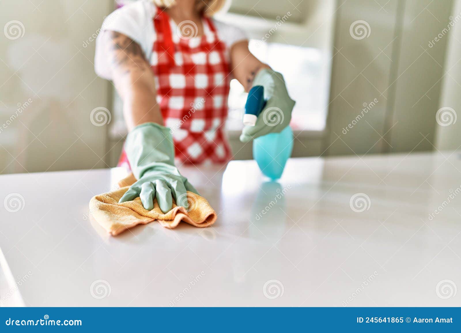 Girl Cleaning Table at the Kitchen Stock Image - Image of female ...