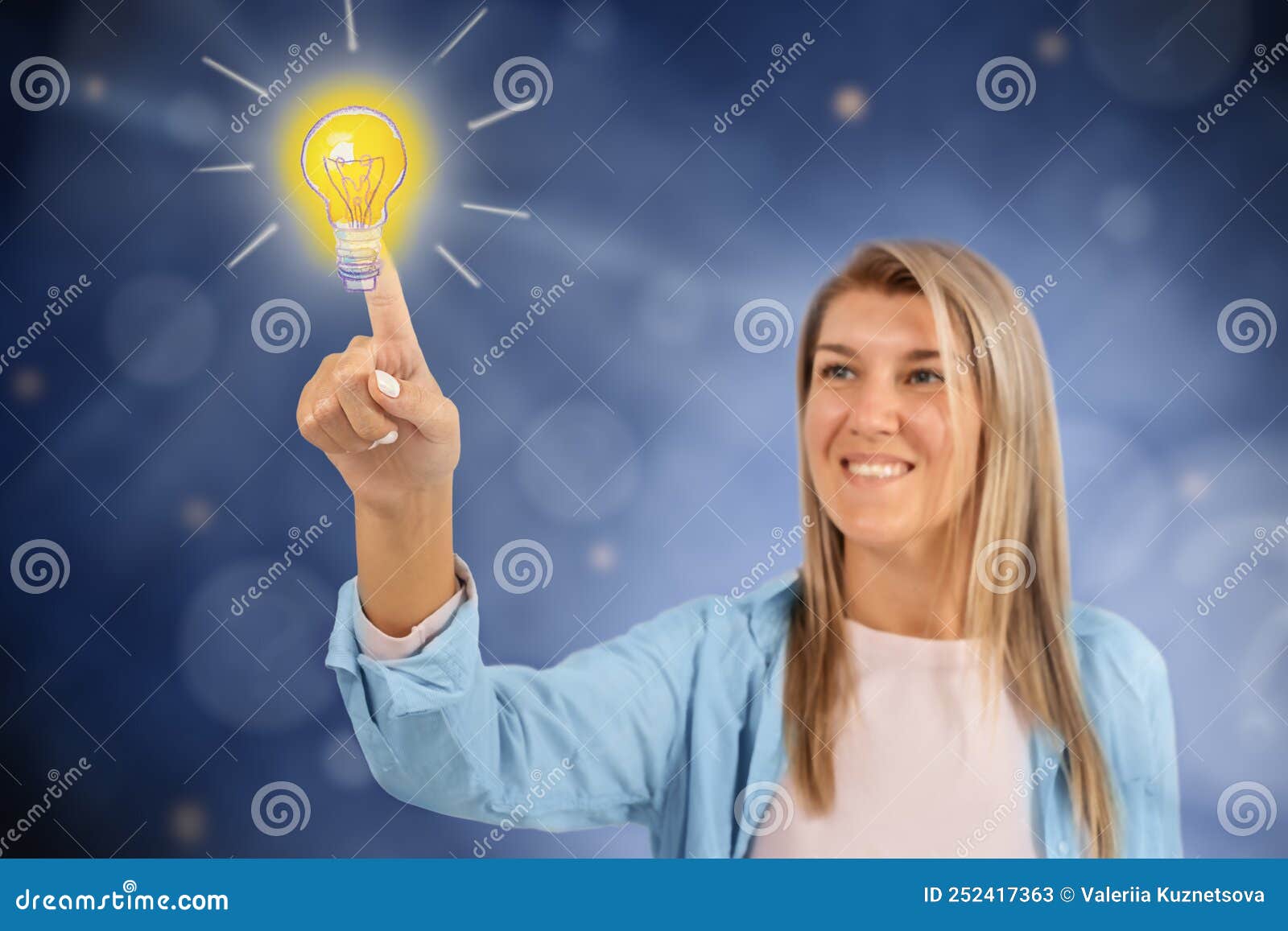 The Girl Clicks on the Lamp with an Idea Stock Image - Image of bulb ...