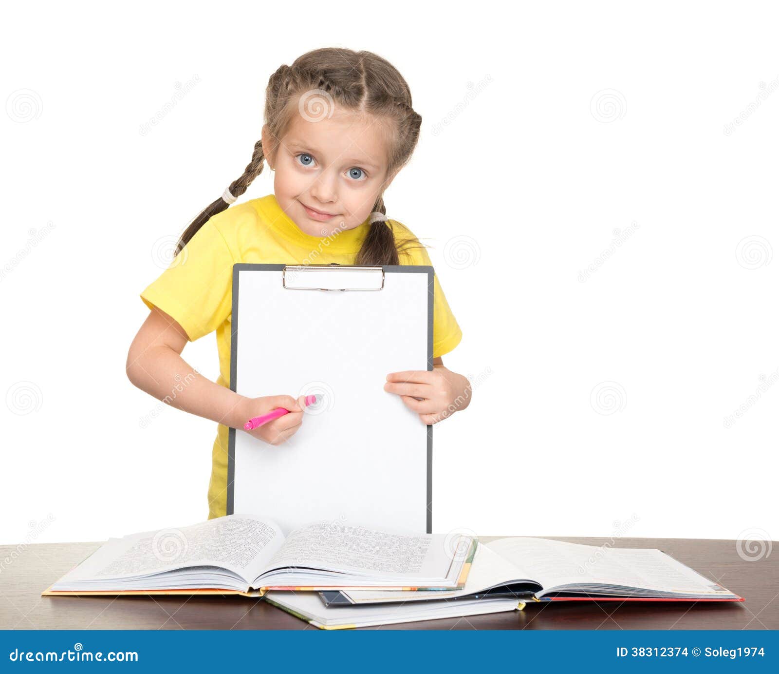Girl with Clipboard and Books Stock Photo - Image of playful, pigtail ...