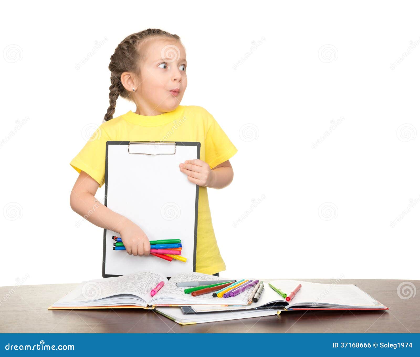 Girl with Clipboard and Books Stock Photo - Image of clipboard, emotion ...