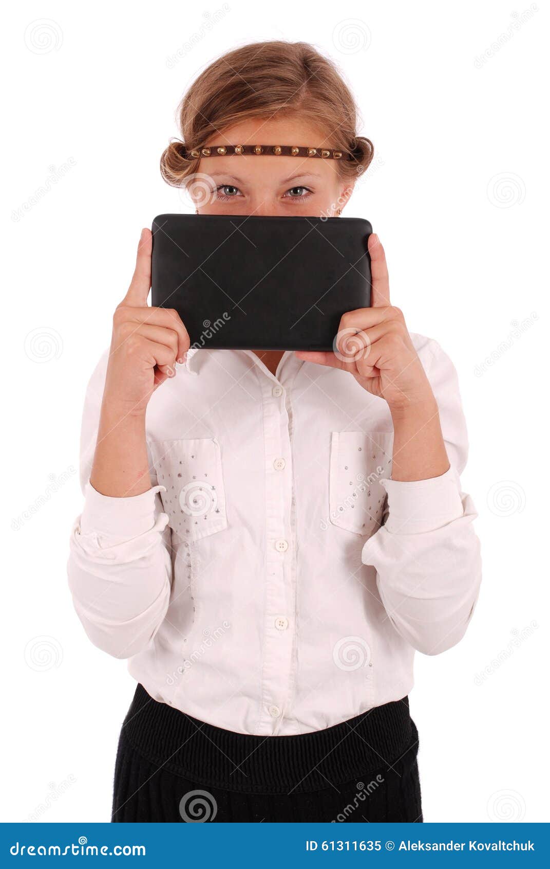 Girl Closes Half Tablet Pc Face Stock Image - Image of looking, young ...