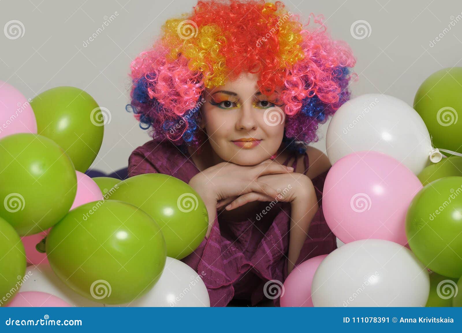 Girl in Clown Wig with Balloons Stock Image - Image of balloon ...