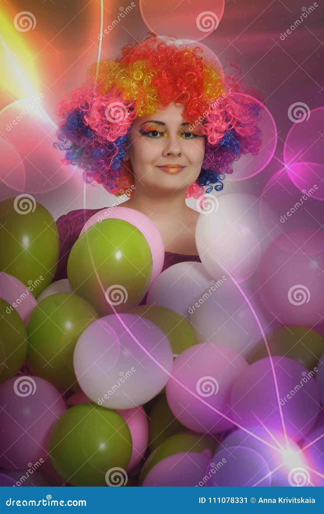 Girl in Clown Wig with Balloons Stock Image - Image of carnival, clown ...