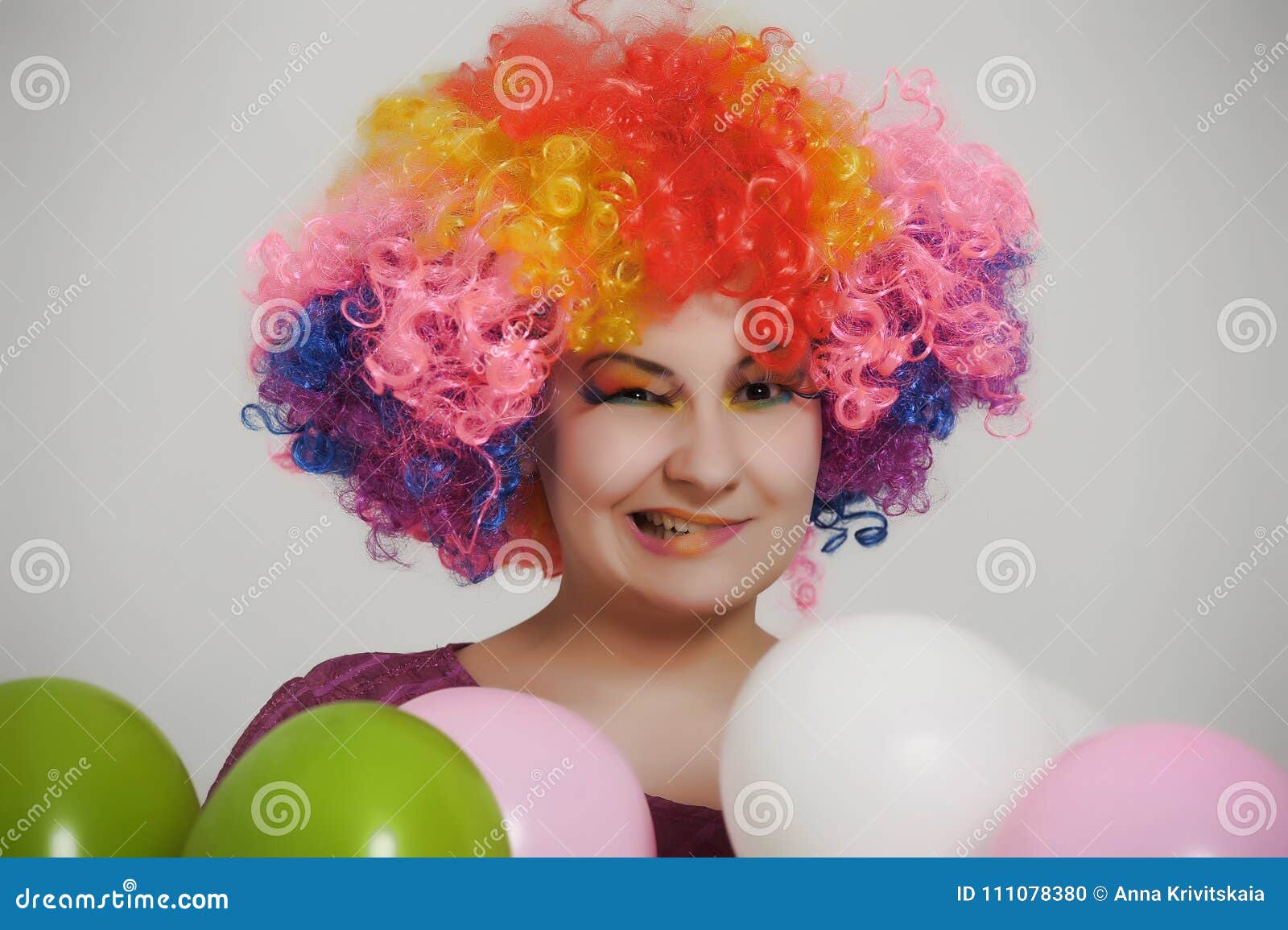 Girl in Clown Wig with Balloons Stock Photo - Image of balloon, girl ...