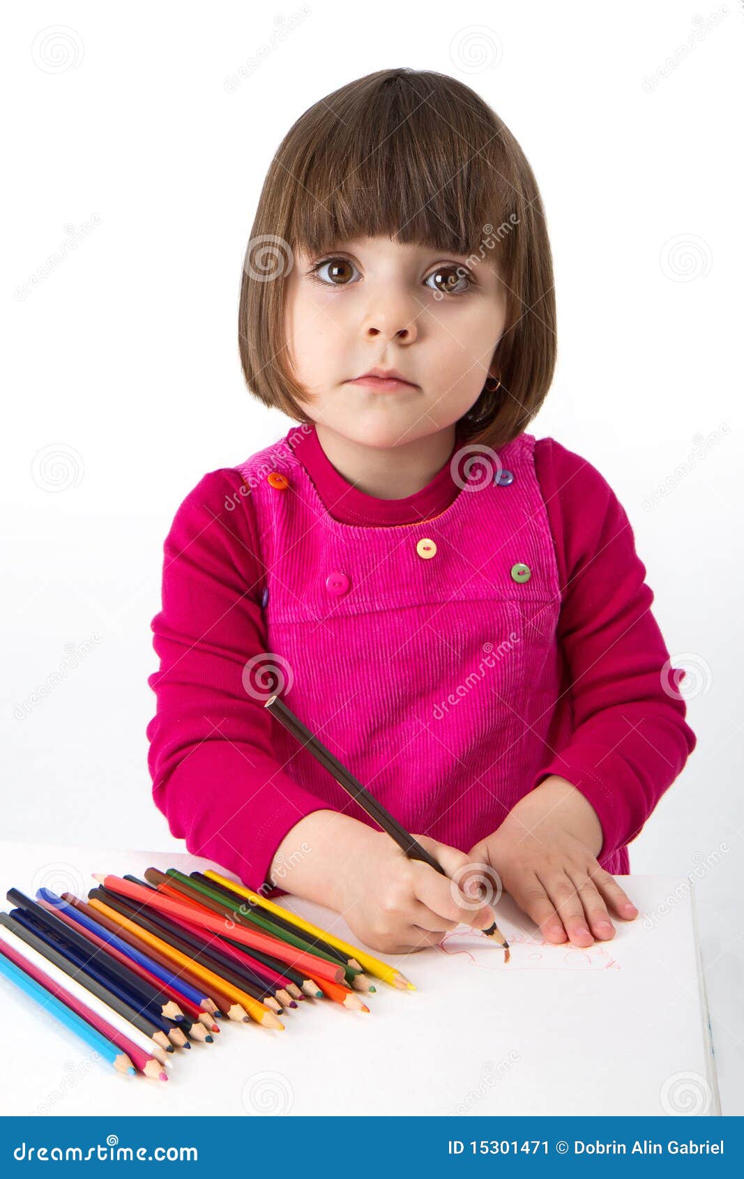 Girl with colored pencils stock image. Image of emotion - 15301471