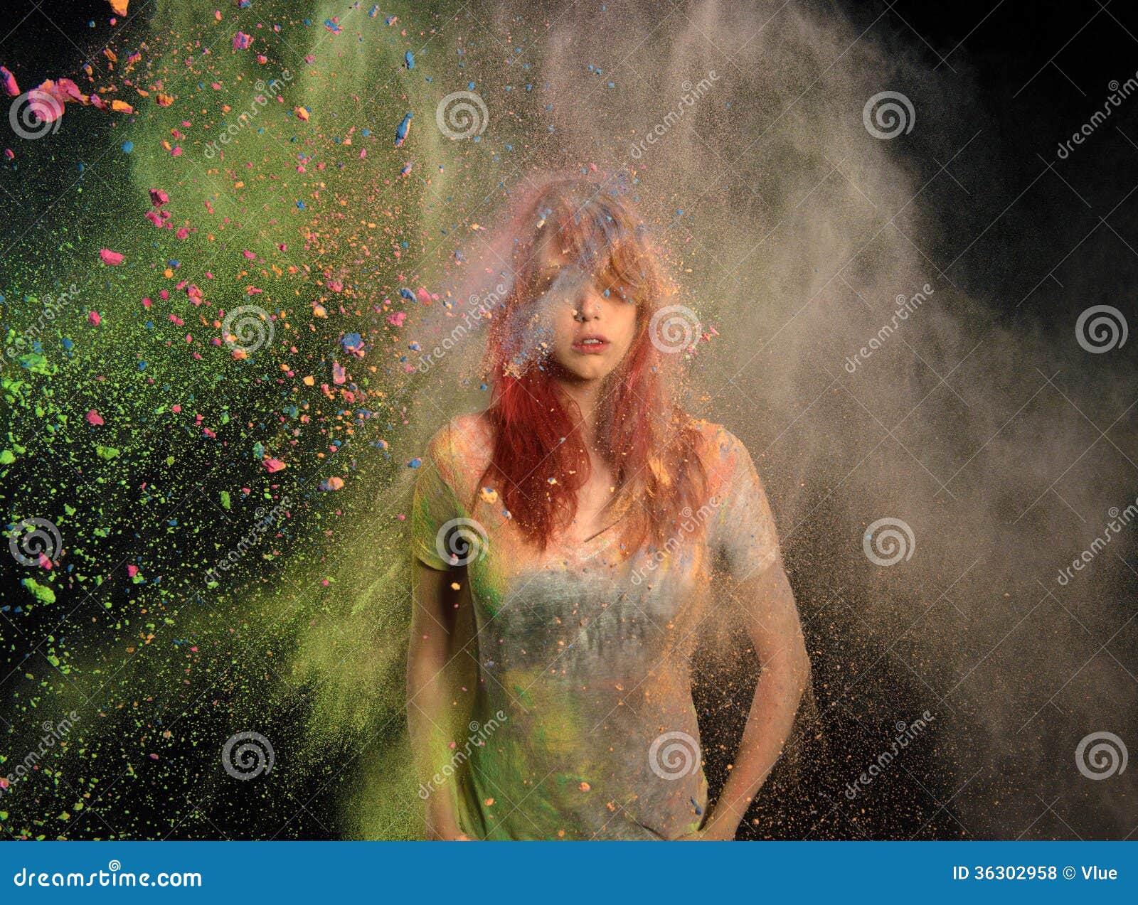 Girl with Colored Powder Exploding Around Her Stock Photo - Image of ...