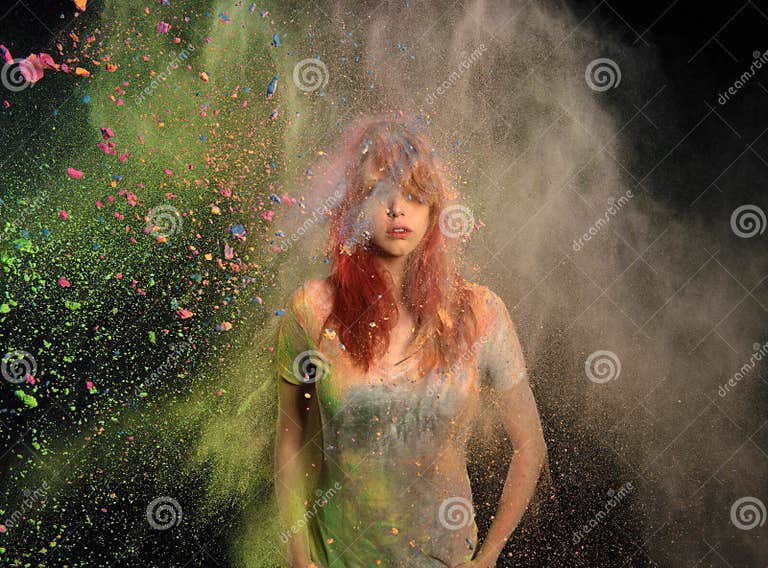 Girl with Colored Powder Exploding Around Her Stock Photo - Image of ...