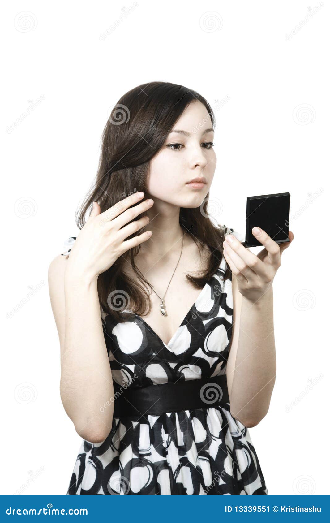 Girl with compact mirror stock image. Image of caucasian - 13339551