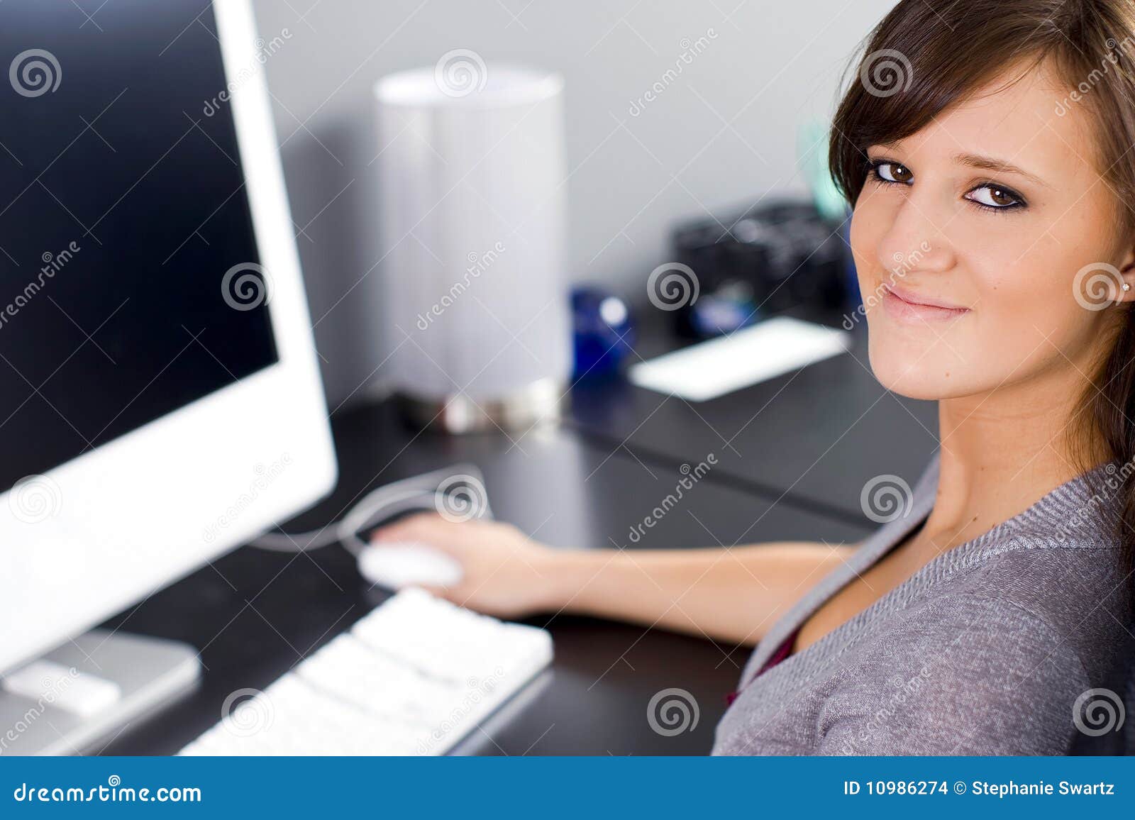 Girl on computer stock photo. Image of happy, adult, home - 10986274