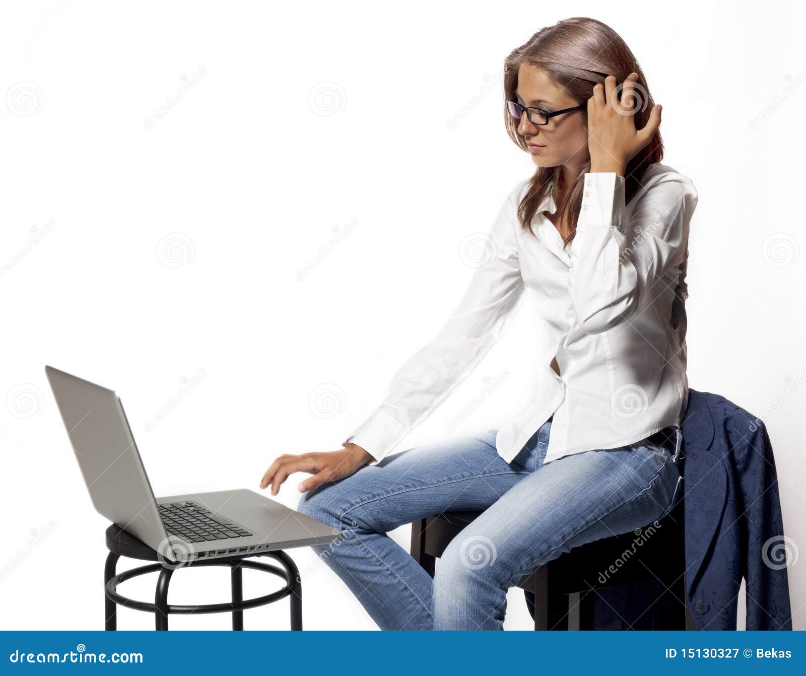 Girl at a computer stock image. Image of hair, brunette - 15130327