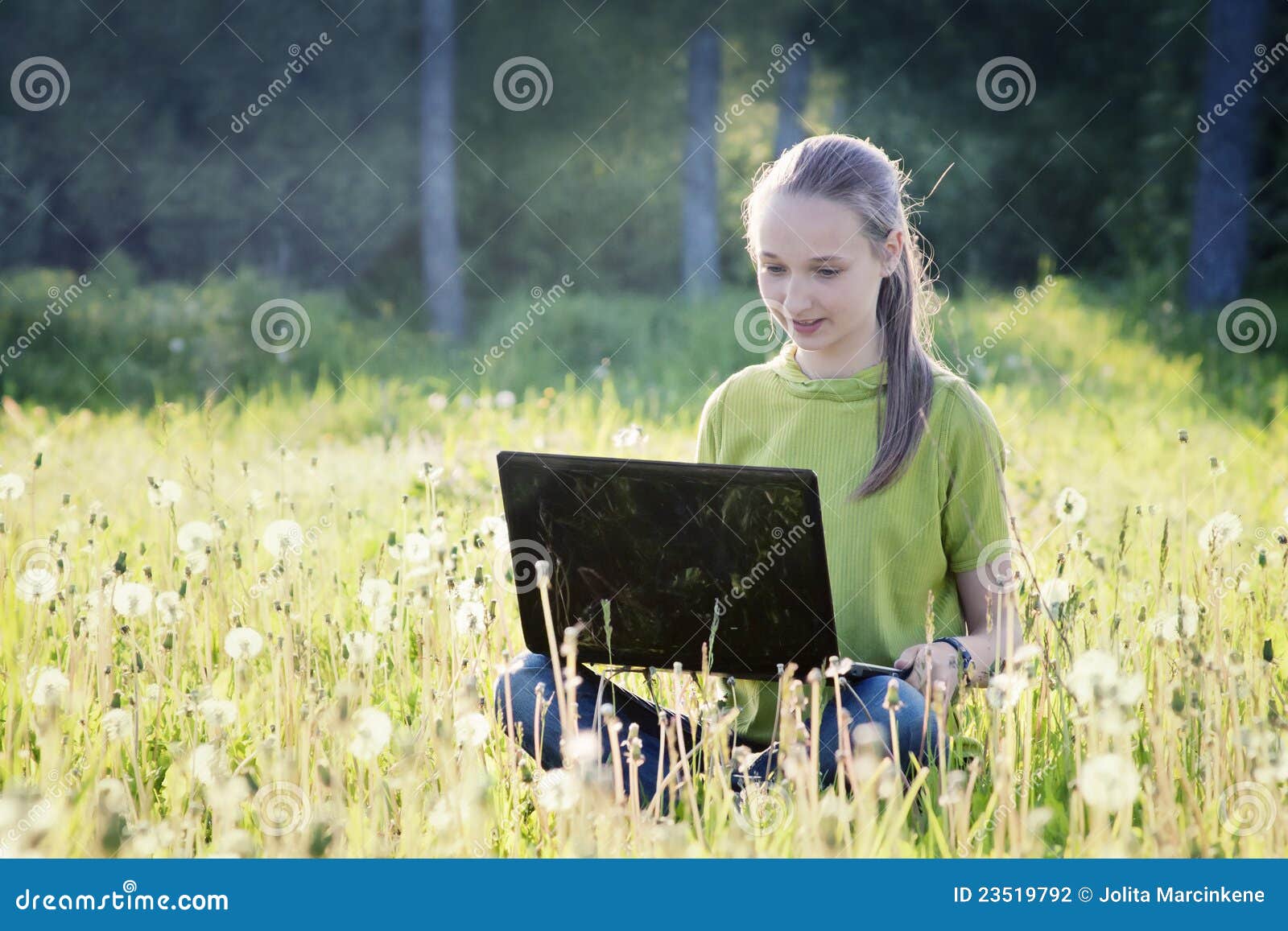 Girl with computer stock photo. Image of field, green - 23519792