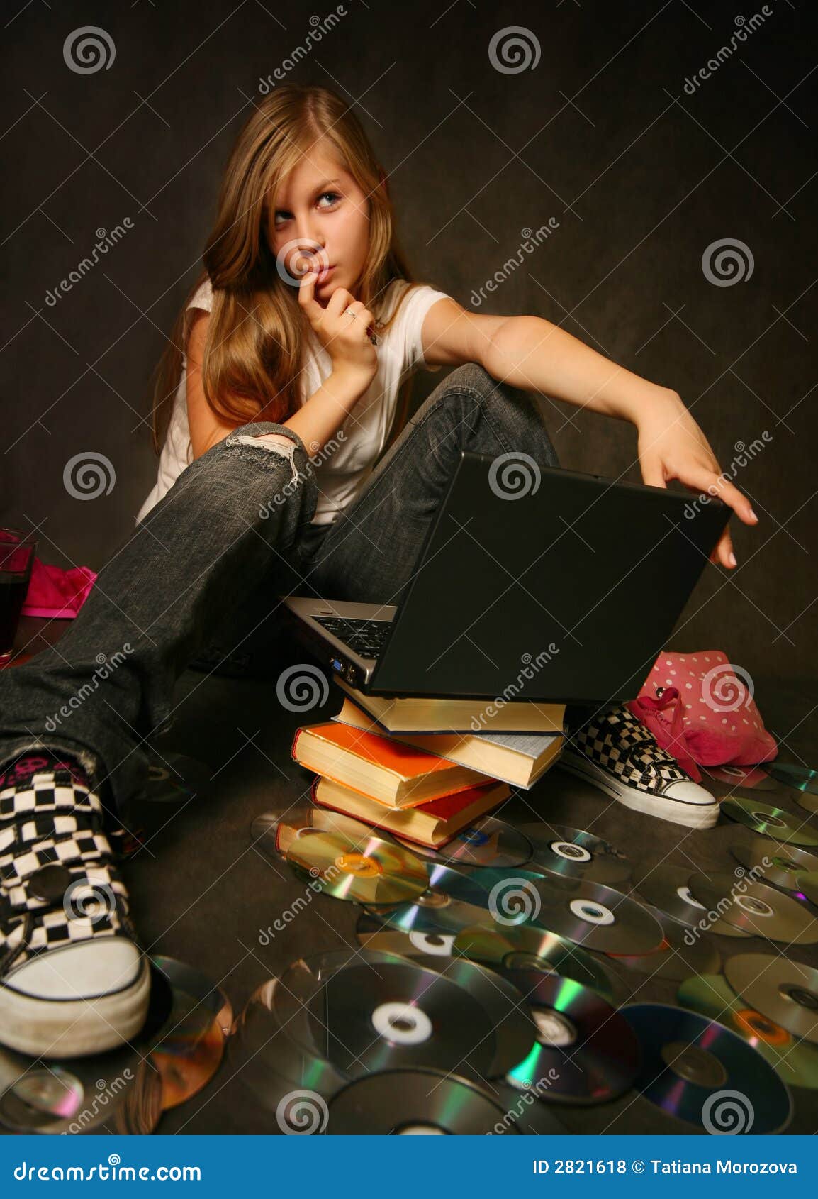 Girl with a computer stock photo. Image of thoughtful - 2821618