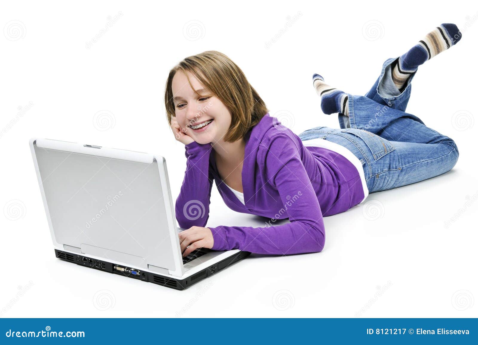Girl with computer stock image. Image of lying, isolated - 8121217