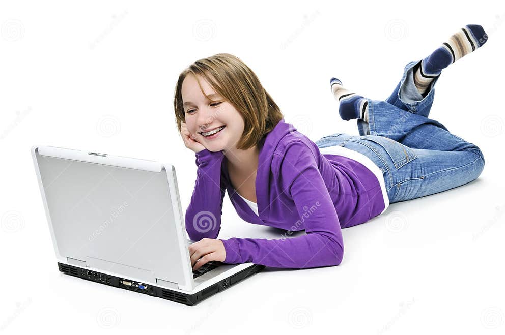 Girl with computer stock image. Image of lying, isolated - 8121217