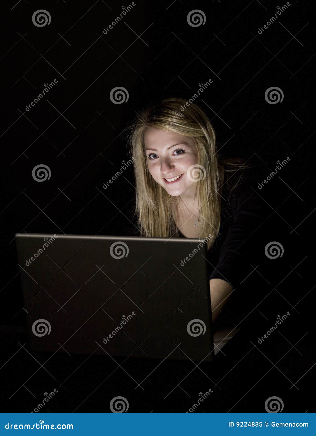 Girl with computer stock image. Image of girl, dark, computing - 9224835