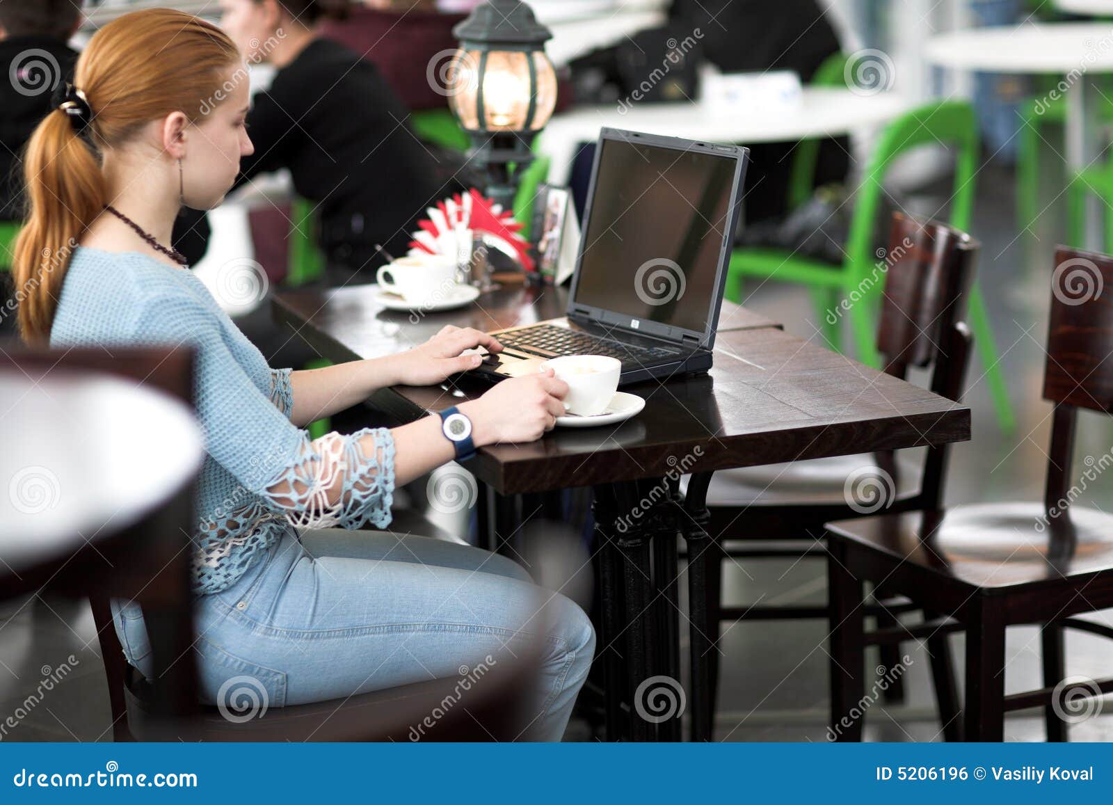 Girl with computer in cafe stock photo. Image of professional - 5206196