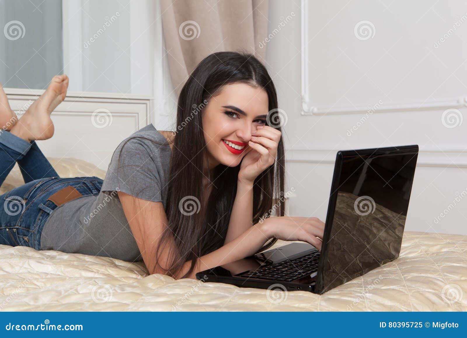 Girl with a Computer at Home. Stock Image - Image of horizontal ...