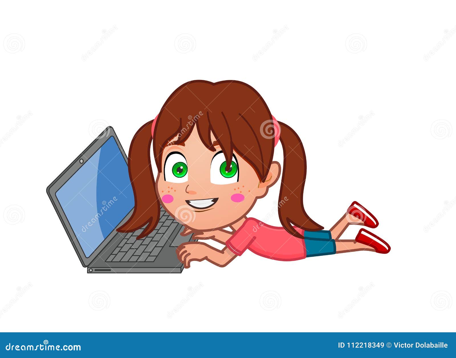 Girl on Computer stock image. Image of cute, lying, cartoon - 112218349