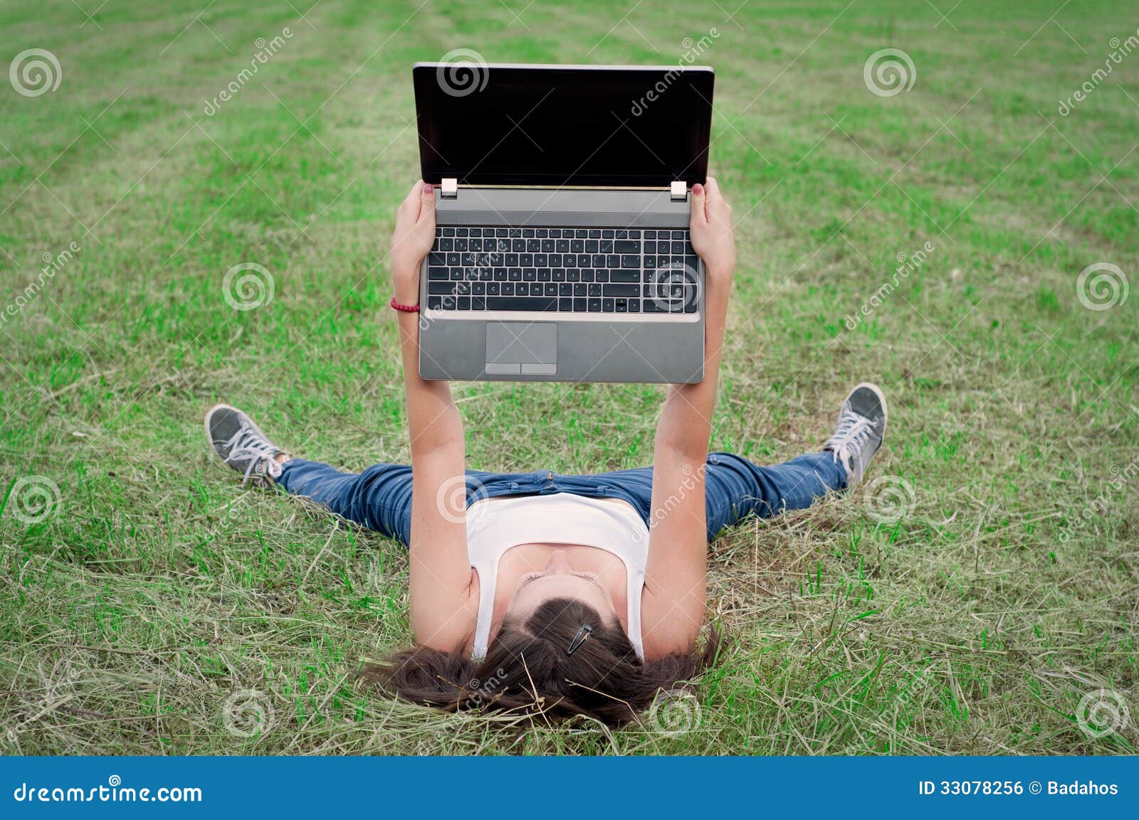 Girl with a computer stock photo. Image of holiday, outdoors - 33078256