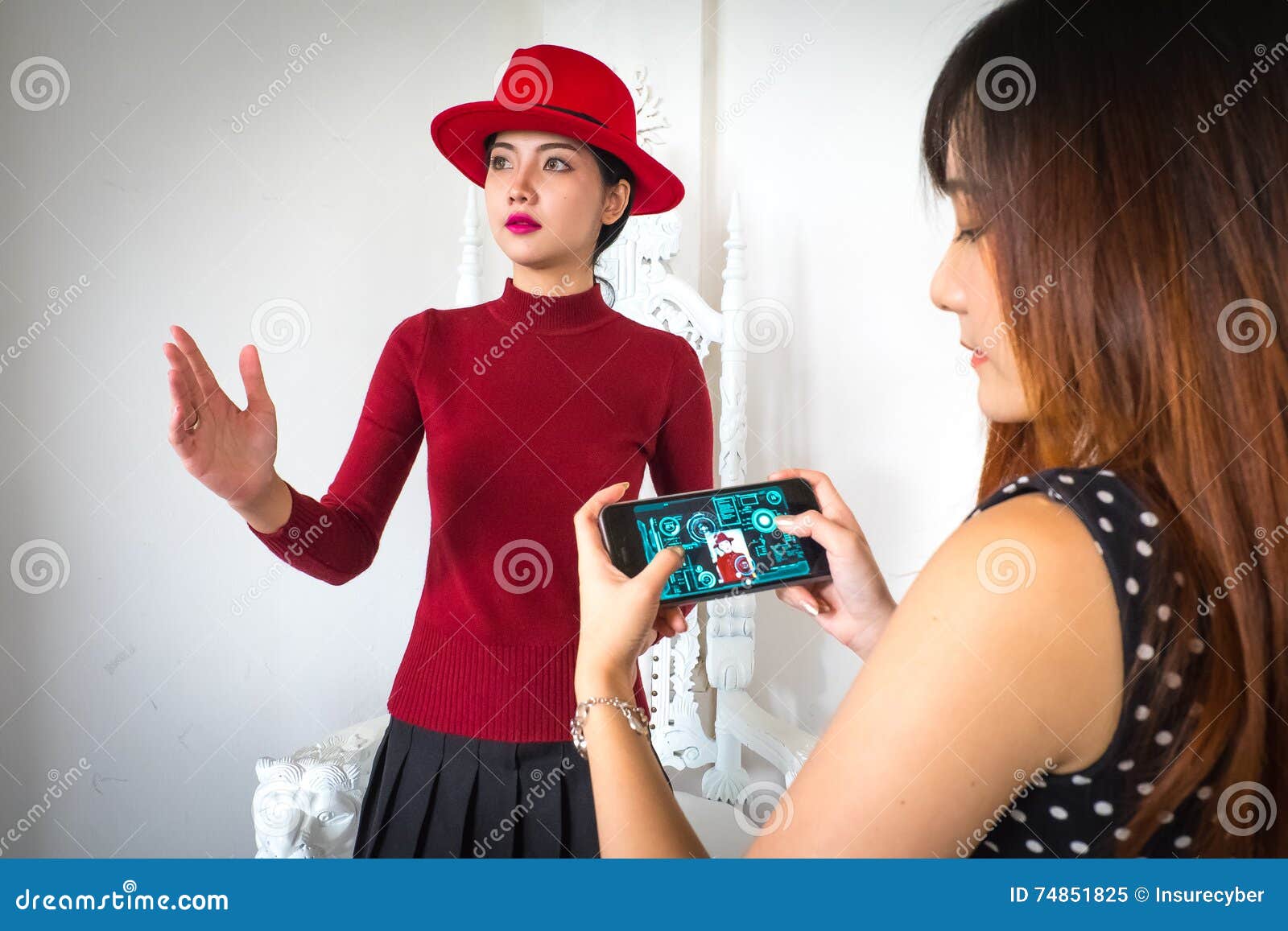 The Girl with Controlled Robot by a Mobile Telephone Stock Image ...