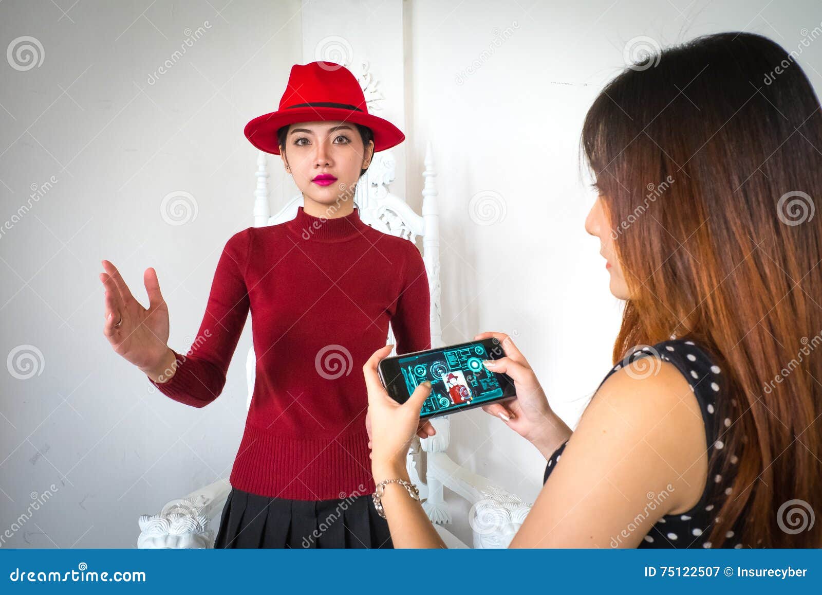 The Girl with Controlled Robot by a Mobile Telephone Stock Image ...