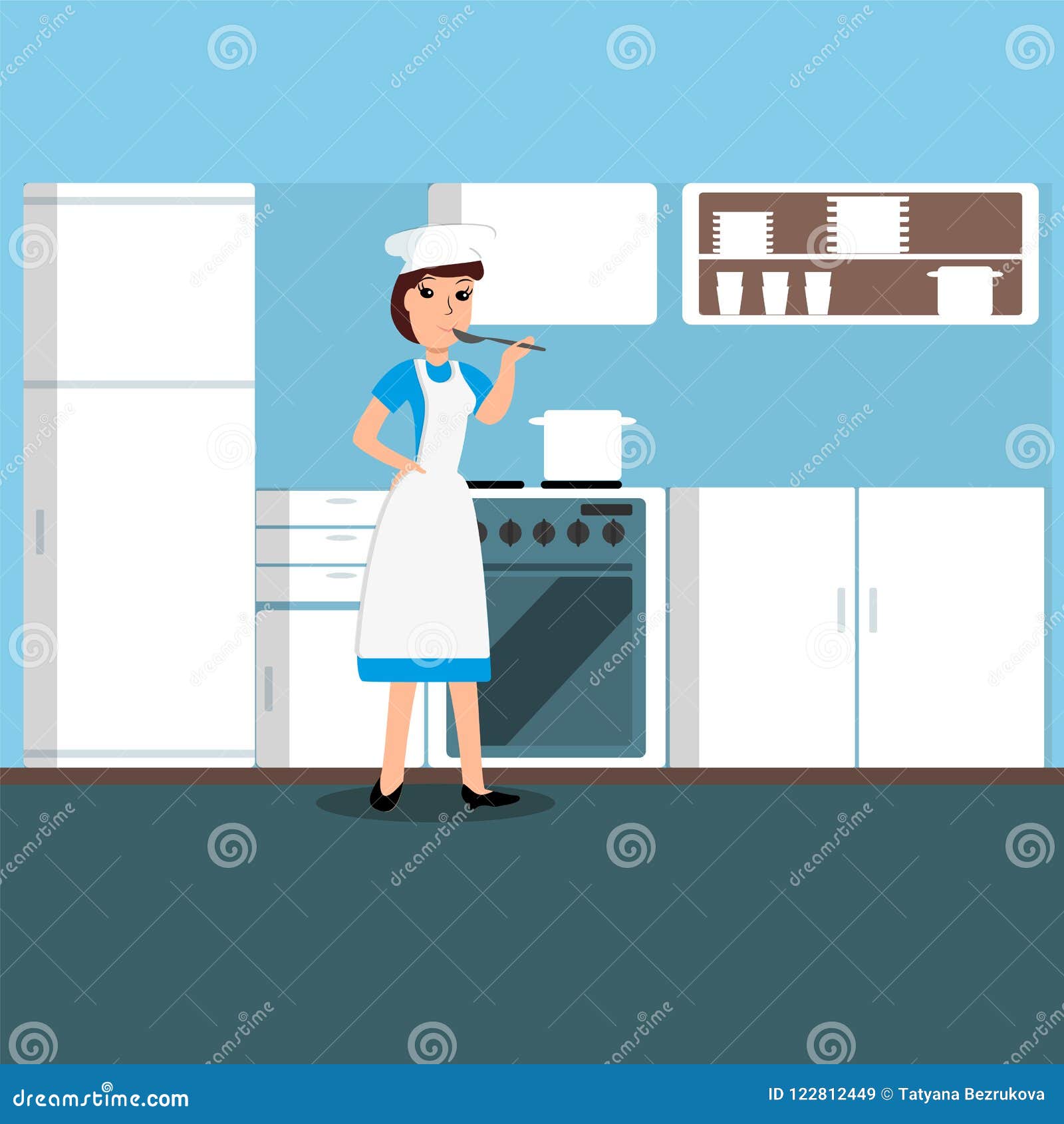 Girl Cook in the Kitchen. Vector Illustration. Stock Illustration ...