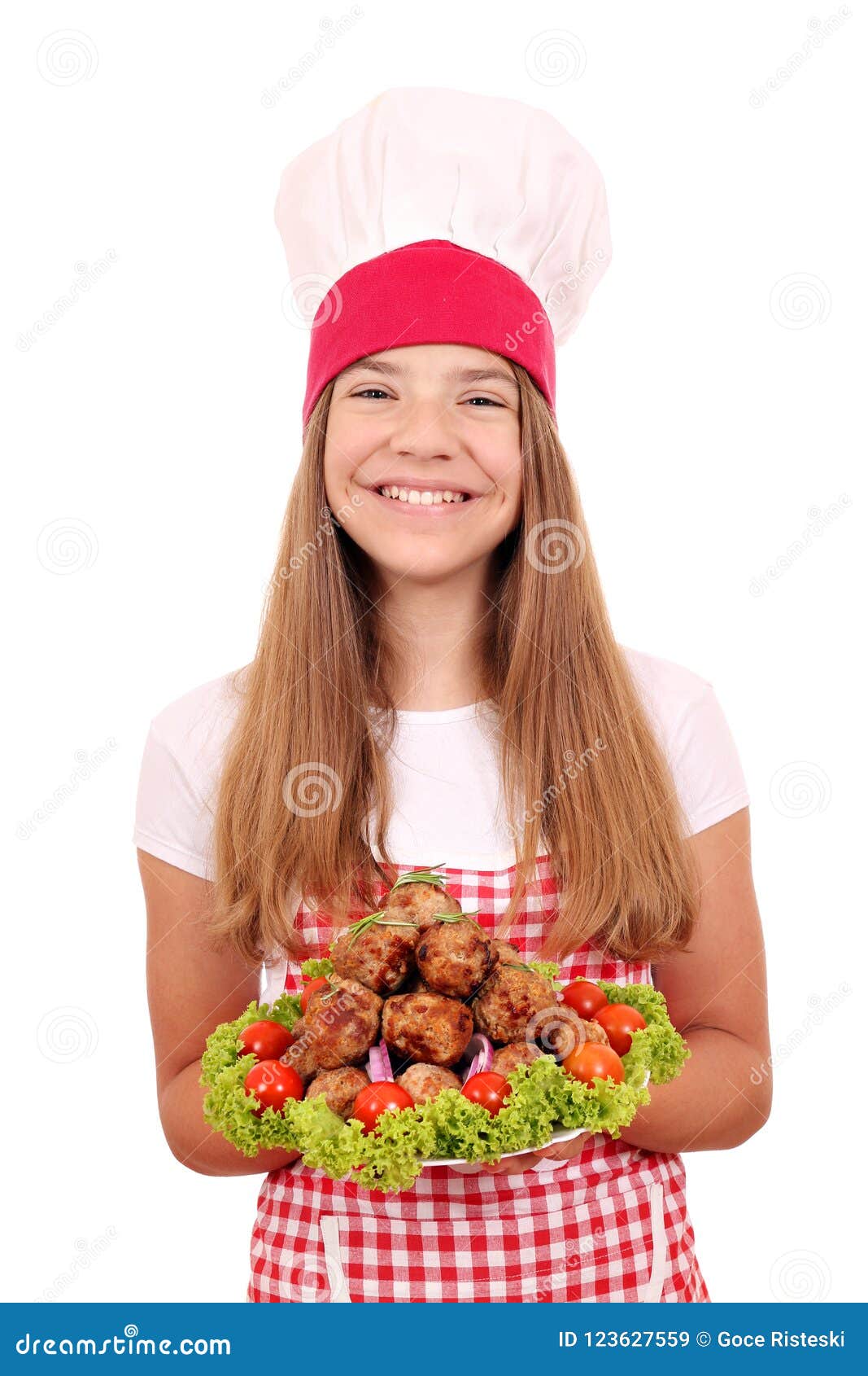 Girl cook with meatballs stock image. Image of culinary - 123627559