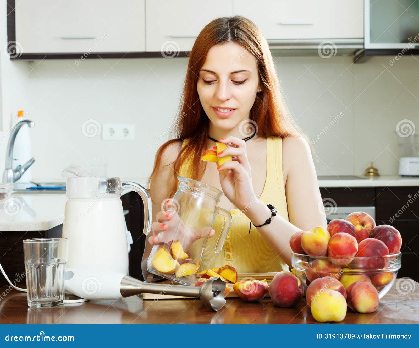 Girl Cooking Beverages from Peaches at Kitchen Stock Image - Image of ...